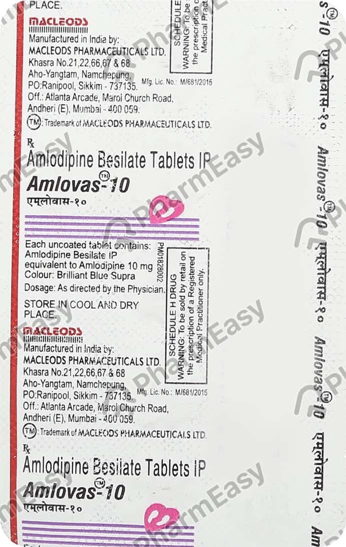 Amlovas 10 MG Tablet (15): Uses, Side Effects, Price & Dosage | PharmEasy
