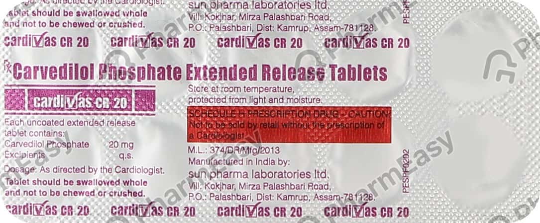 Cardivas Cr 20 MG Tablet (10): Uses, Side Effects, Price & Dosage ...