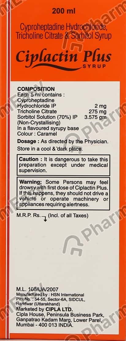 Ciplactin Plus Syrup 200ml: Uses, Side Effects, Price & Dosage | PharmEasy