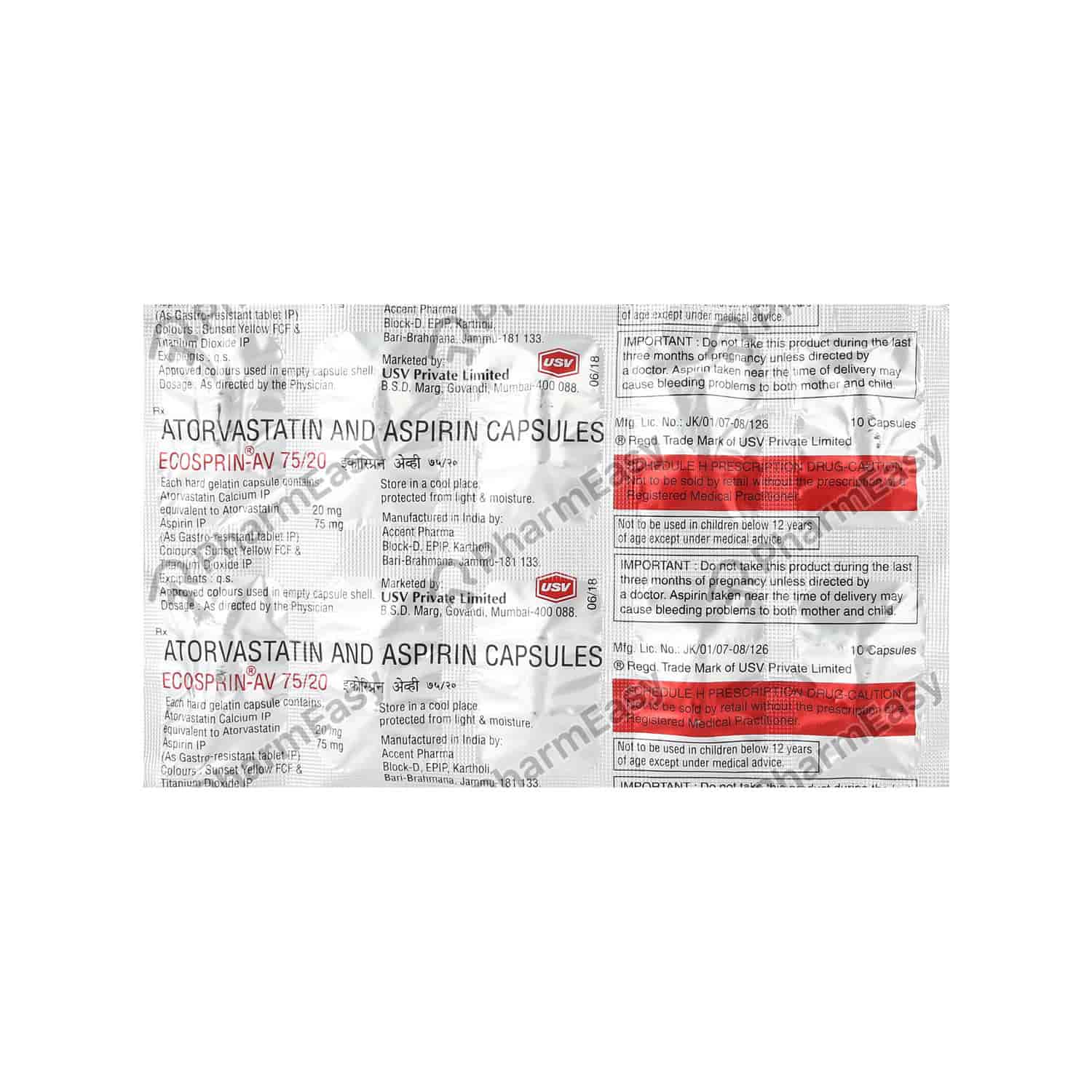 Ecosprin Av 75/20mg Strip Of 10 Capsules - Uses, Side Effects, Dosage ...