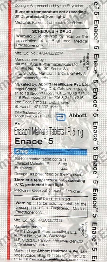 Enace 5 MG Tablet (10): Uses, Side Effects, Price & Dosage | PharmEasy