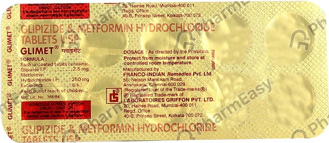 Glimet Strip Of 10 Tablets: Uses, Side Effects, Price & Dosage | PharmEasy