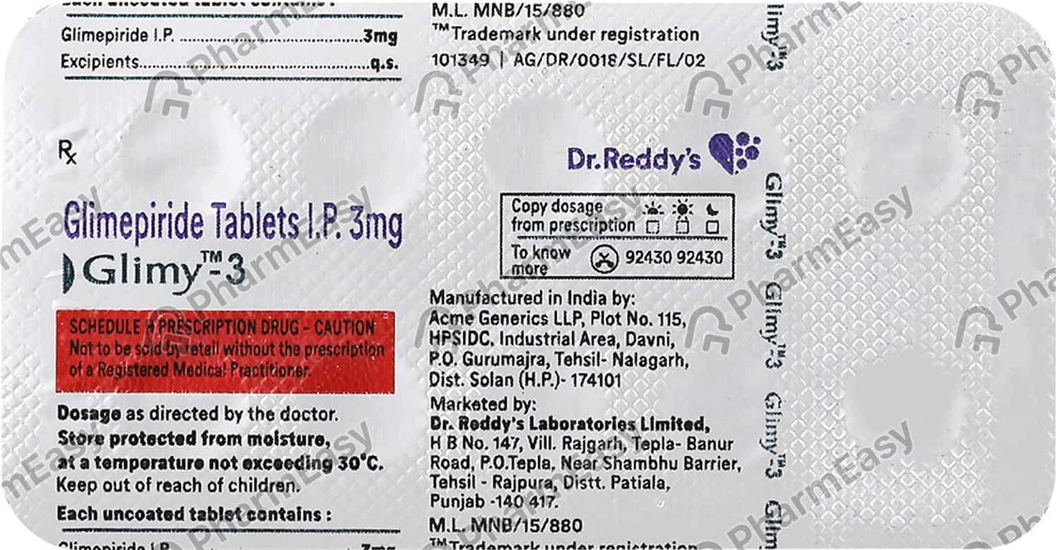 Glimy 3 MG Tablet (10): Uses, Side Effects, Price & Dosage | PharmEasy
