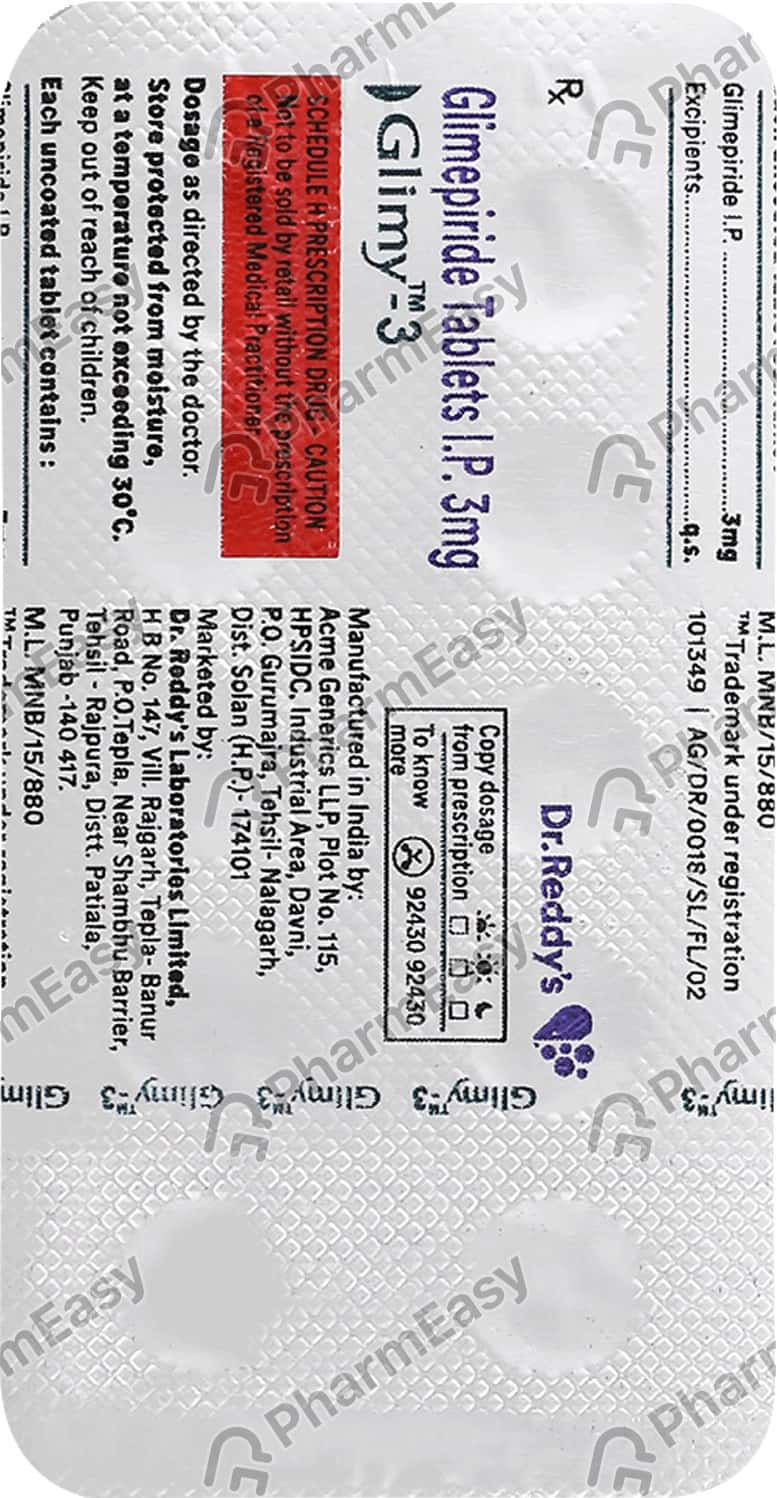 Glimy 3 MG Tablet (10): Uses, Side Effects, Price & Dosage | PharmEasy