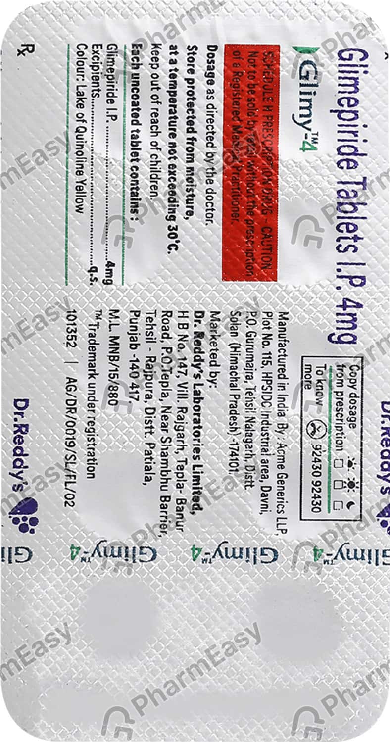 Glimid 4 MG Tablet (10): Uses, Side Effects, Price & Dosage | PharmEasy