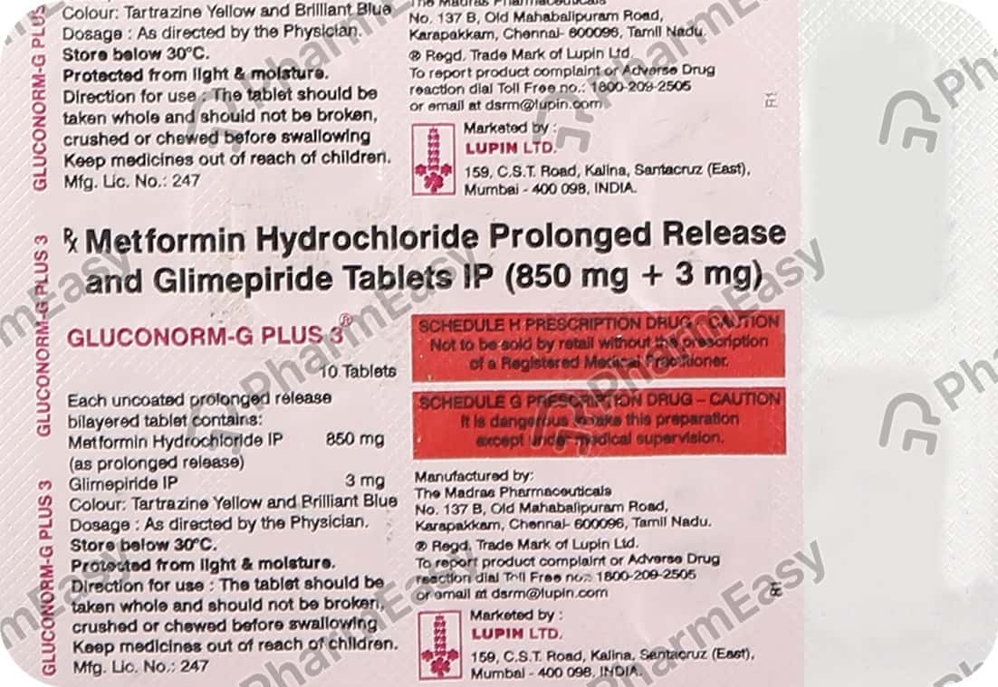 Gluconorm G Plus 3mg Strip Of 10 Tablets: Uses, Side Effects, Price ...