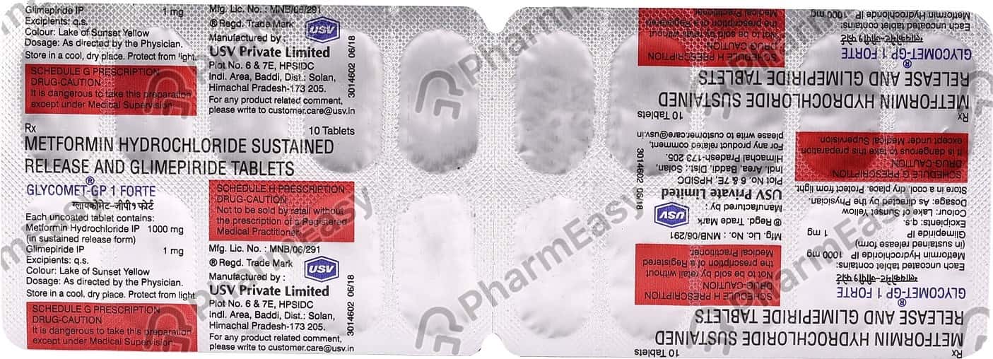 Glycomet Gp1 Forte Strip Of 10 Tablets: Uses, Side Effects, Price ...