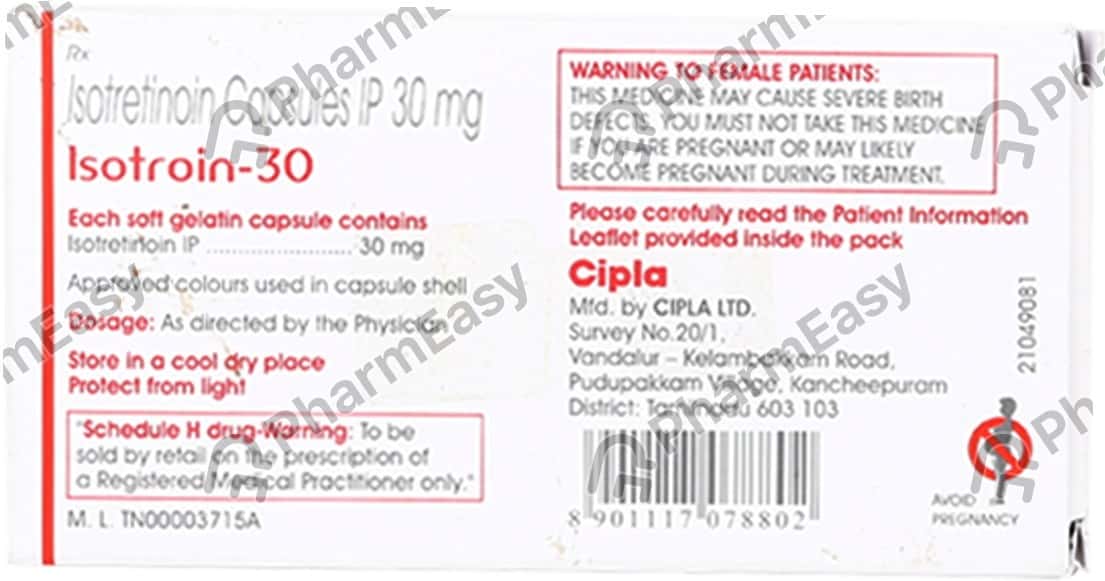 Isotroin 30 MG Capsule (10): Uses, Side Effects, Price & Dosage | PharmEasy