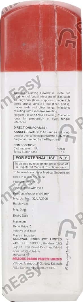 Kansel 1 %W/W Dusting Powder (100): Uses, Side Effects, Price & Dosage ...
