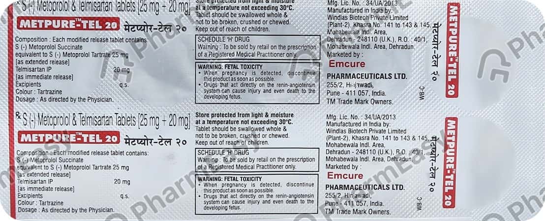 Metpure Tel 20mg Strip Of 10 Tablets: Uses, Side Effects, Price ...