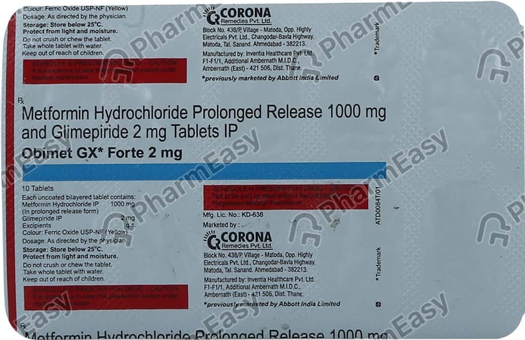 Obimet Gx 2mg Forte Strip Of 10 Tablets: Uses, Side Effects, Price & Dosage | PharmEasy
