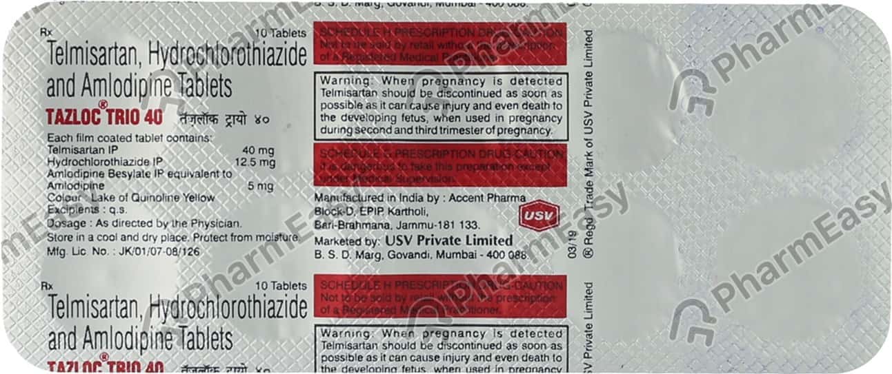 Tazloc Trio 40mg Strip Of 10 Tablets: Uses, Side Effects, Price ...