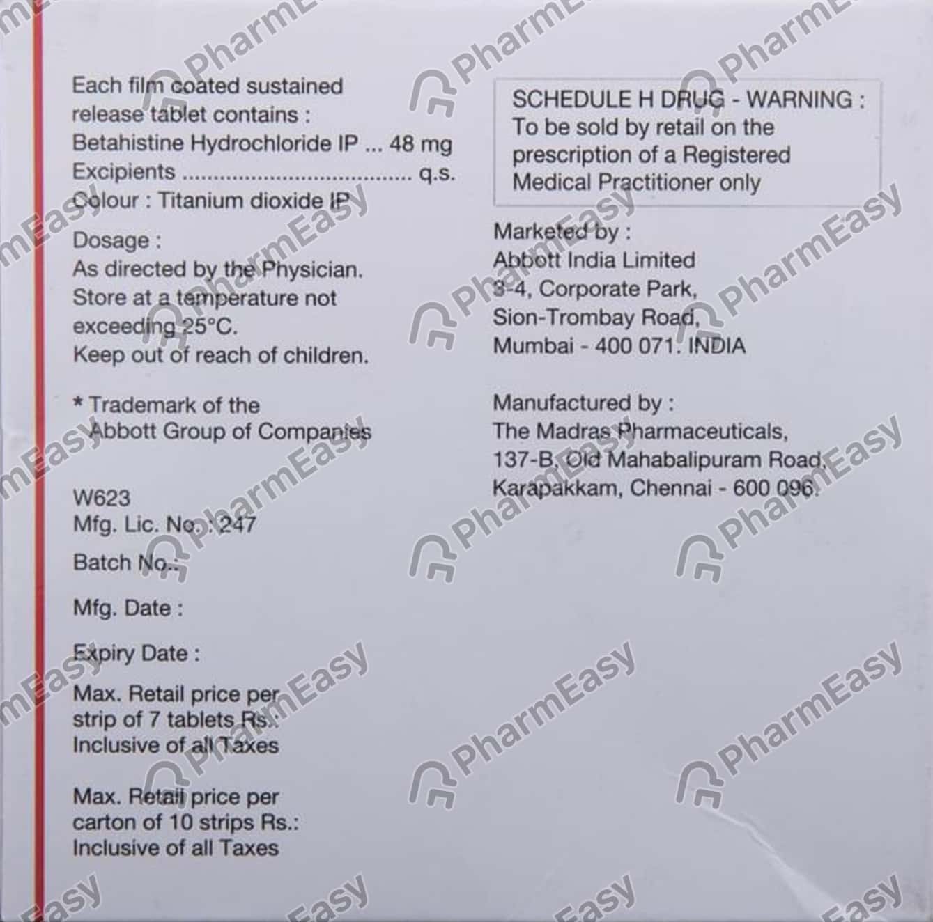 Vertin Od 48 MG Tablet (7): Uses, Side Effects, Price & Dosage | PharmEasy