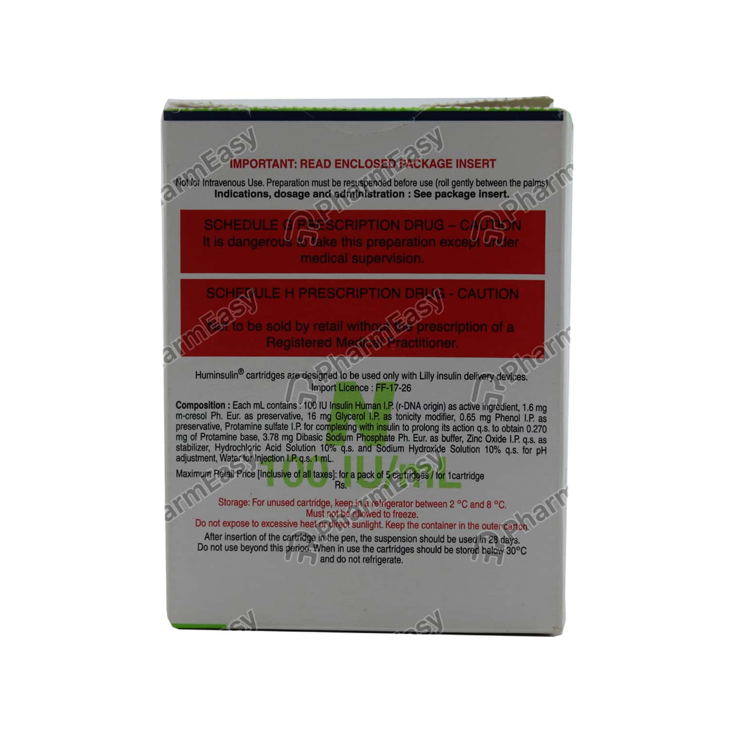 Huminsulin N 100iu Cartridge Injection 3ml - Uses, Side Effects, Dosage ...