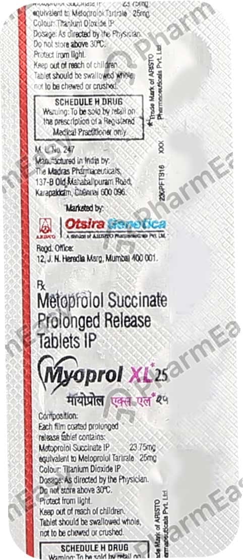 Myoprol Xl 25 MG Tablet (10): Uses, Side Effects, Price & Dosage ...