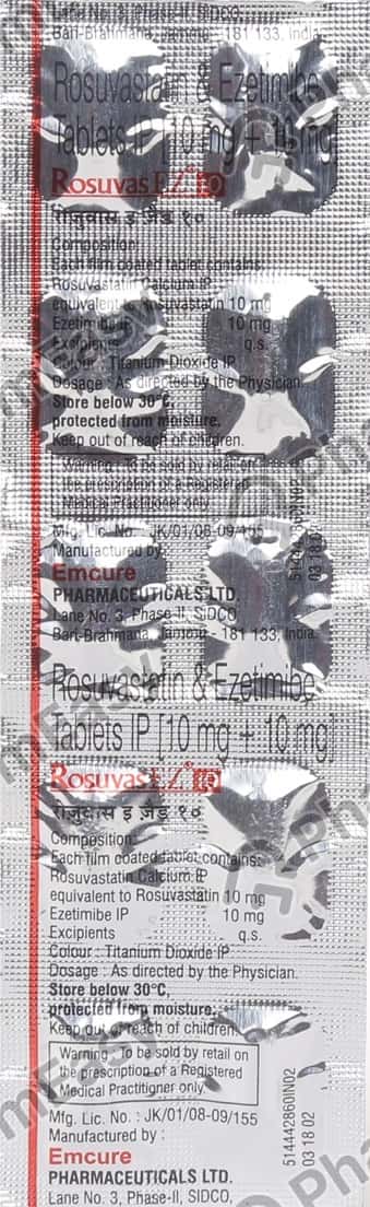 Rosuvas Ez 10mg Strip Of 10 Tablets: Uses, Side Effects, Price & Dosage ...