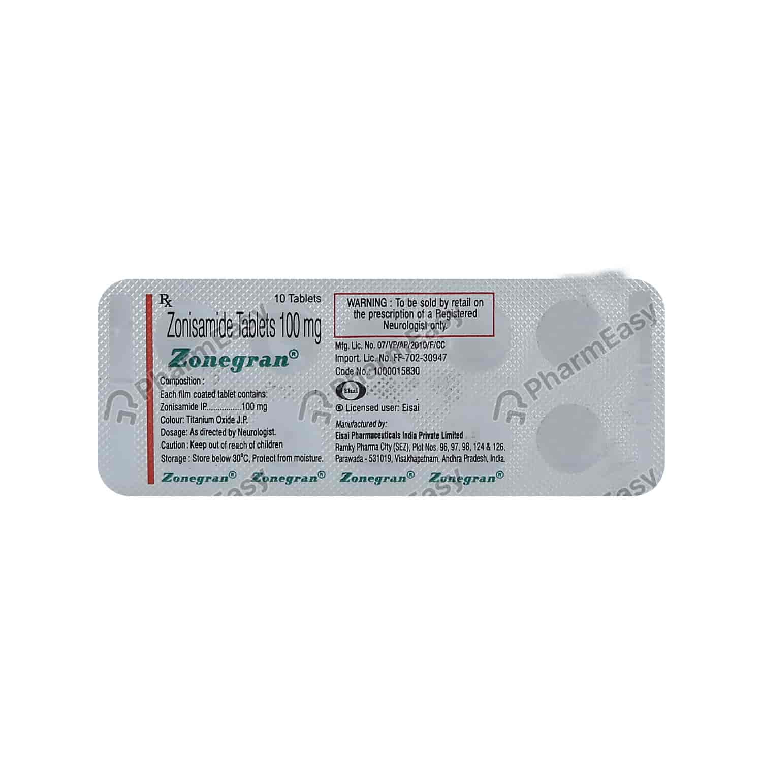 Buy Zonegran 100mg Strip Of 10 Tablets Online at Flat 18% OFF* | PharmEasy