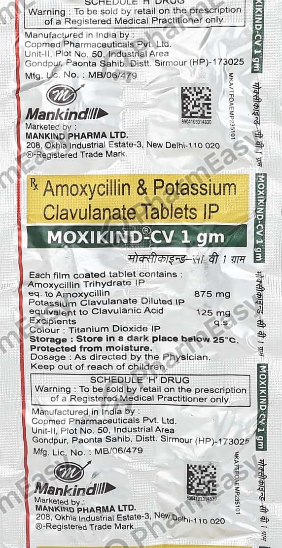 Moxikind Cv 1gm Strip Of 6 Tablets: Uses, Side Effects, Price & Dosage ...