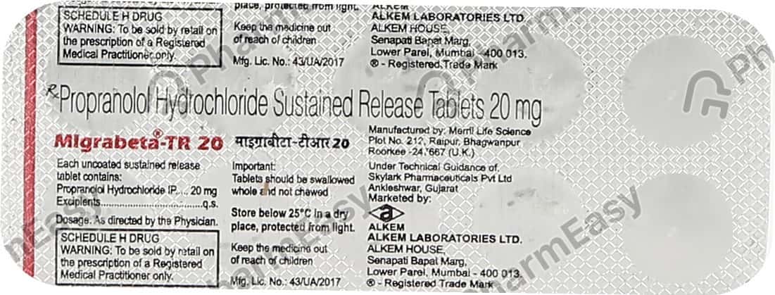 Migrabeta Tr 20 MG Tablet (10): Uses, Side Effects, Price & Dosage ...