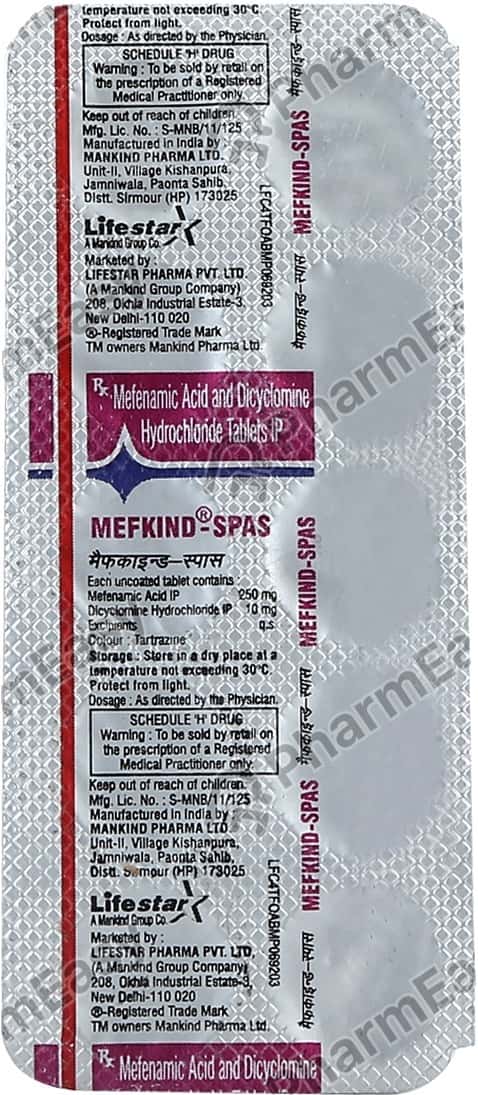 Mefkind Spas Strip Of 10 Tablets: Uses, Side Effects, Price & Dosage ...