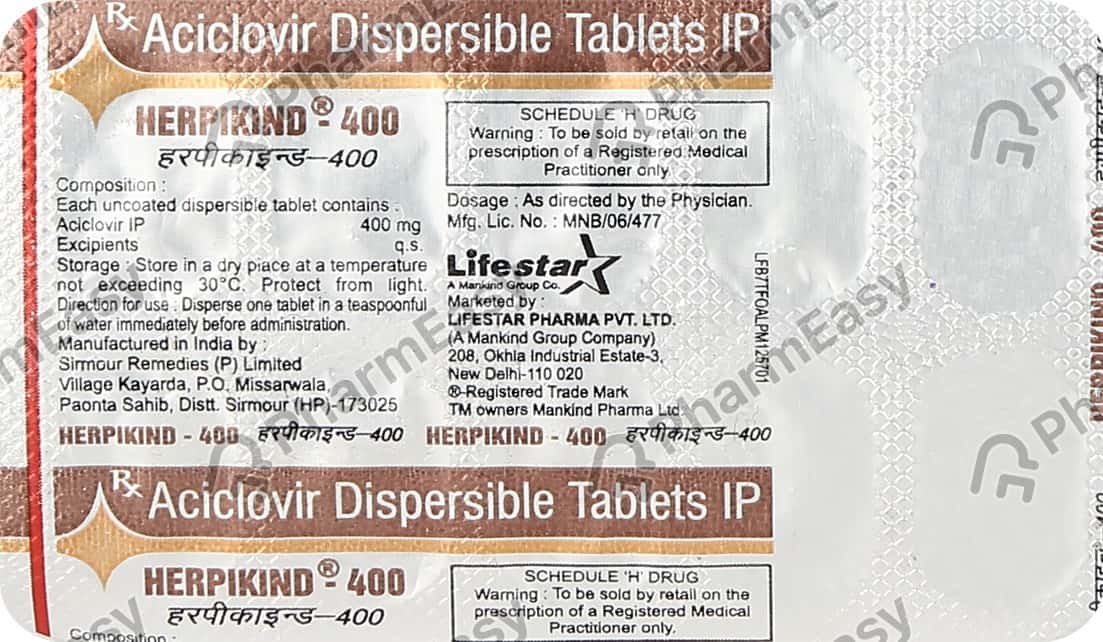 Herpikind 400 MG Tablet (10): Uses, Side Effects, Price & Dosage ...