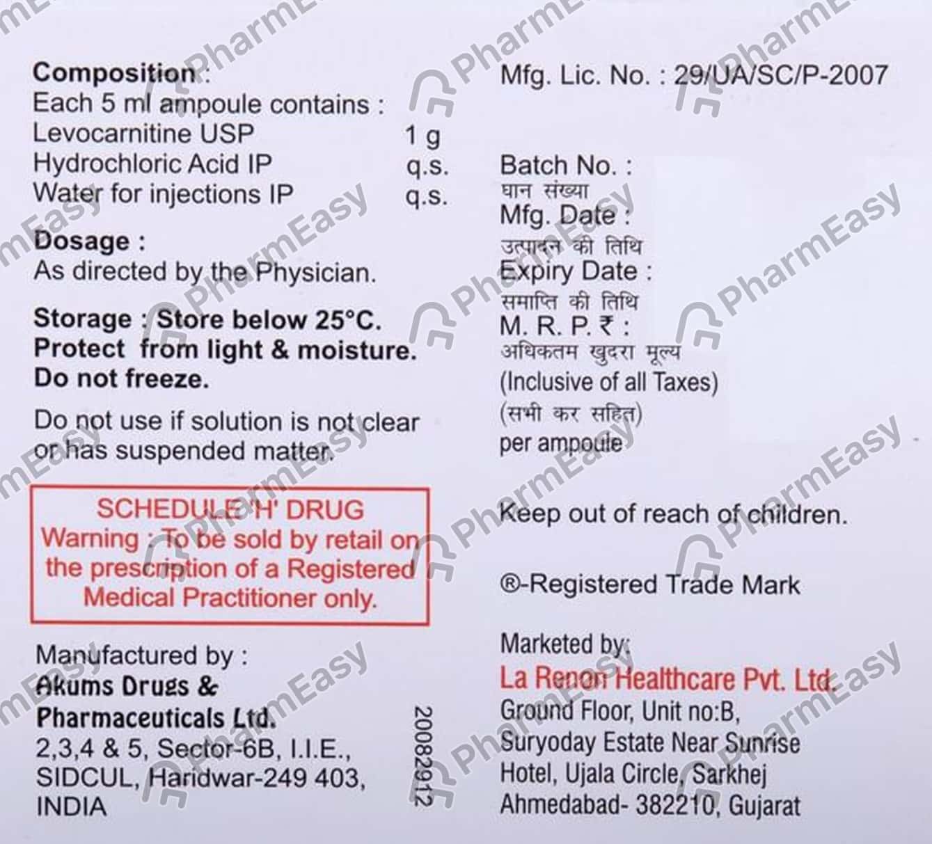 Buy Lacarnit 1 G Injection (5) Online at Flat 15% OFF | PharmEasy