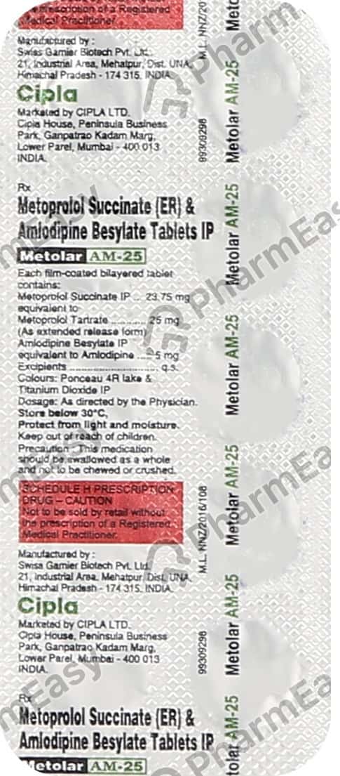 Metolar Am 25mg Strip Of 10 Tablets: Uses, Side Effects, Price & Dosage ...