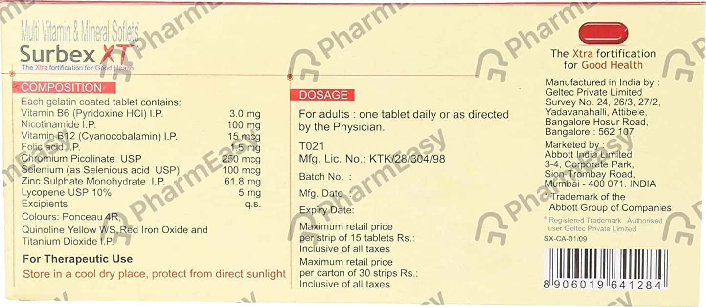 Surbex Xt Strip Of 15 Tablet: Uses, Side Effects, Price & Dosage ...
