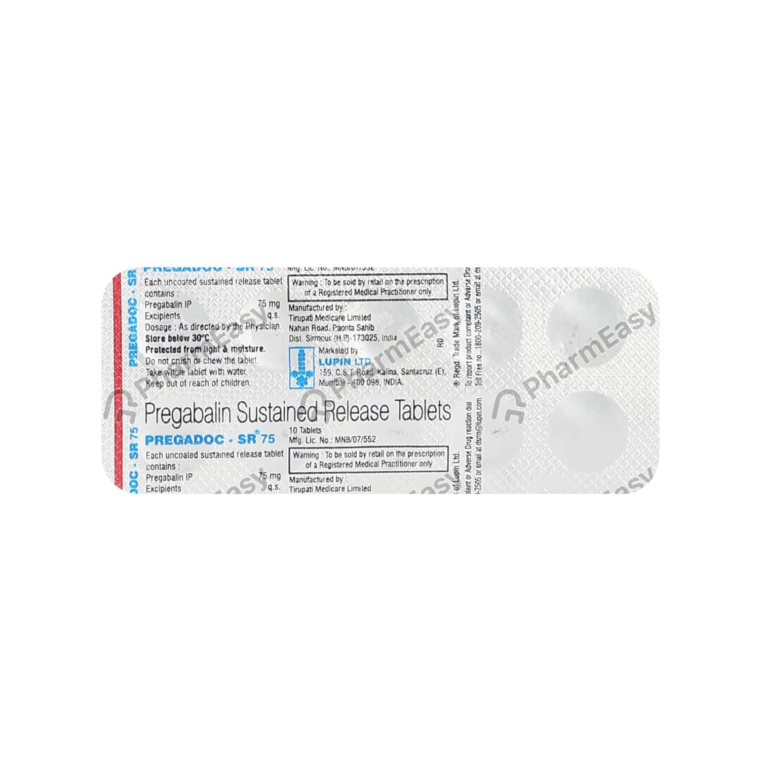 Pregadoc Sr 75 MG Tablet (10) - Uses, Side Effects, Dosage, Composition ...