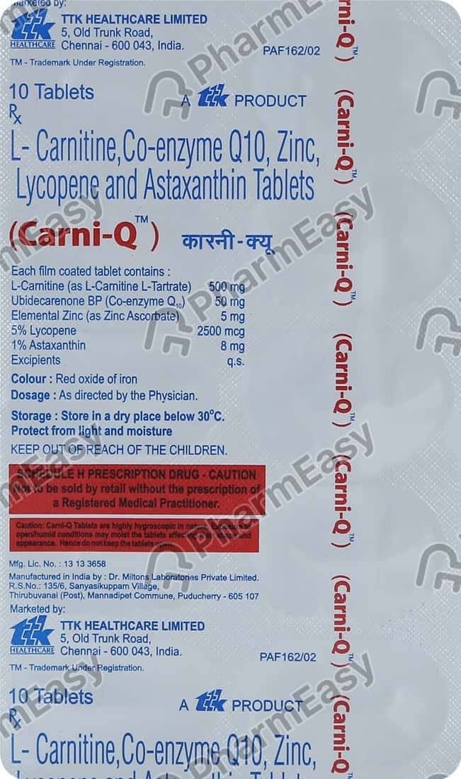 Carni Q Strip Of 10 Tablets: Uses, Side Effects, Price & Dosage | PharmEasy