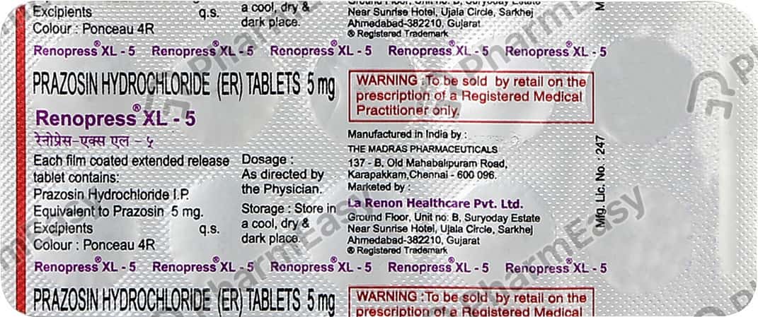 Renopress Xl 5 MG Tablet (10): Uses, Side Effects, Price & Dosage ...