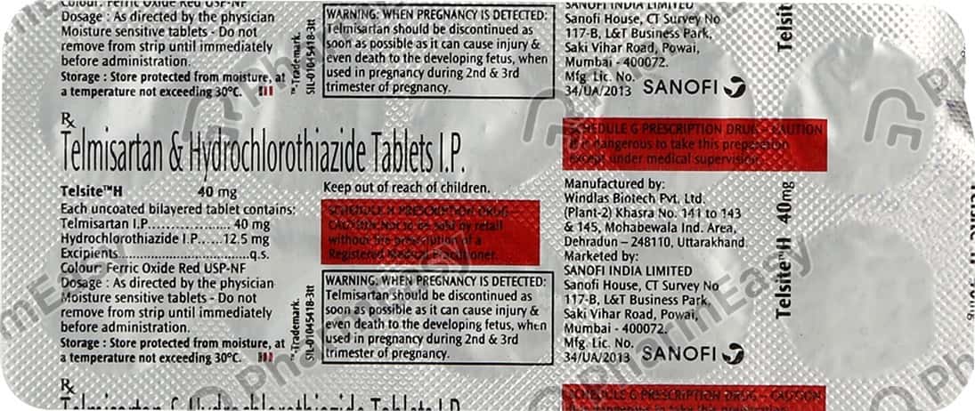 Telsite H 40mg Strip Of 10 Tablets: Uses, Side Effects, Price & Dosage ...