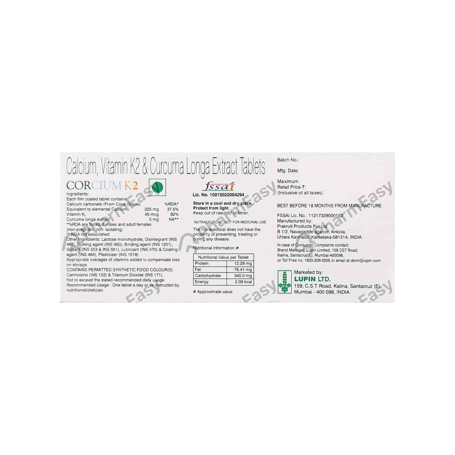 Buy Corcium K2 Tablet Online at Flat 18% OFF* | PharmEasy