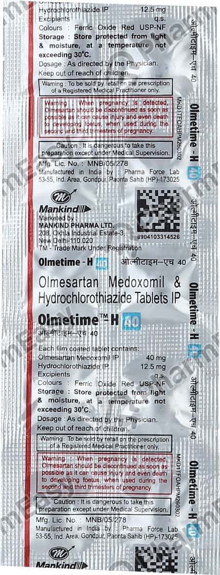 Olmetime H 40mg Strip Of 10 Tablets: Uses, Side Effects, Price & Dosage ...