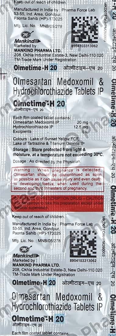 Olmetime H 20mg Strip Of 10 Tablets: Uses, Side Effects, Price & Dosage ...