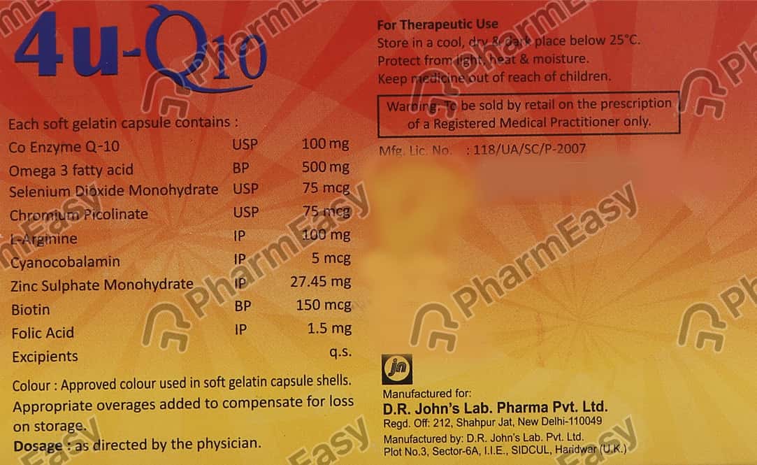 Buy 4u Q10 Strip Of 10 Softgel Capsules Online at Flat 15% OFF | PharmEasy