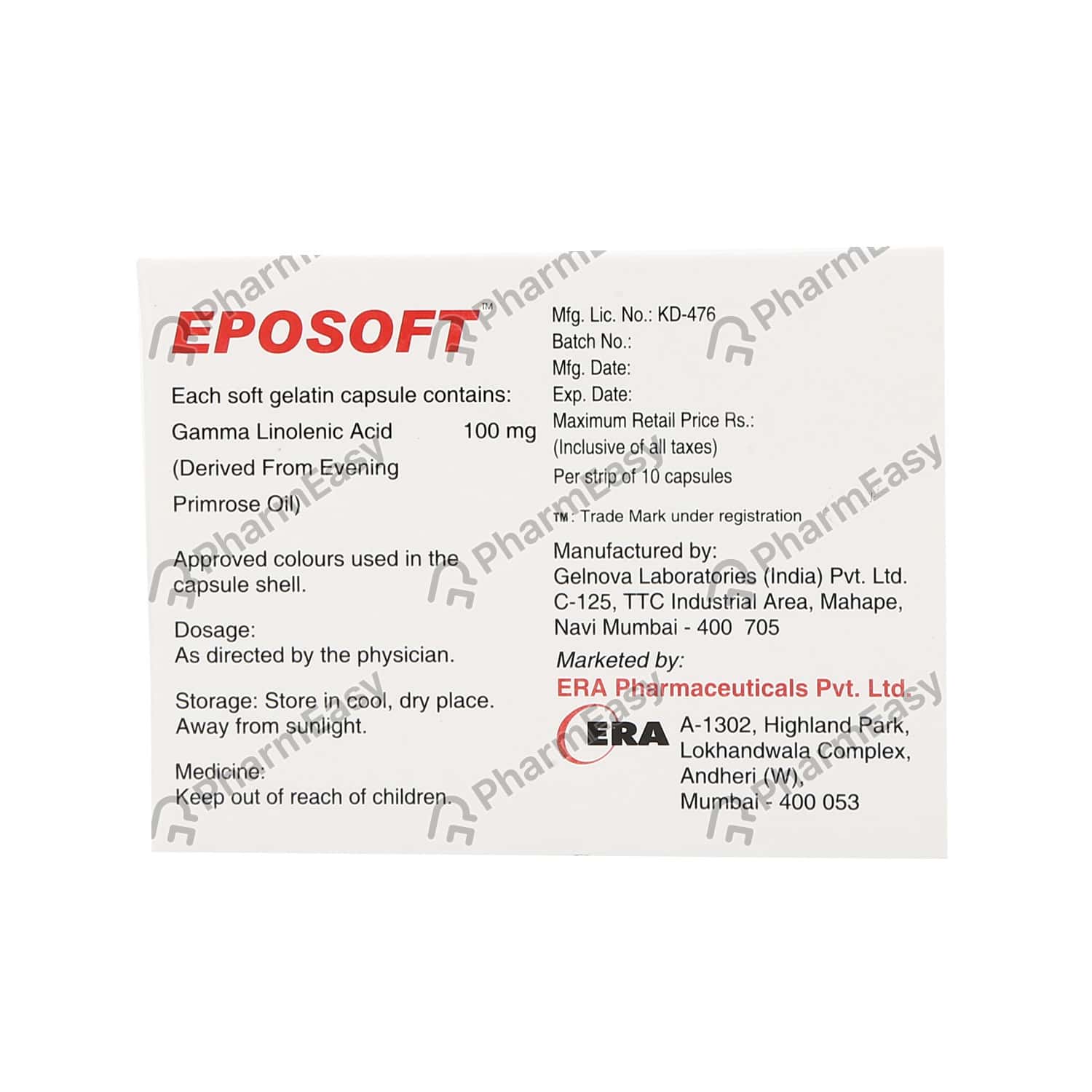 Buy Eposoft 100 MG Capsule (10) Online at Flat 18% OFF* | PharmEasy