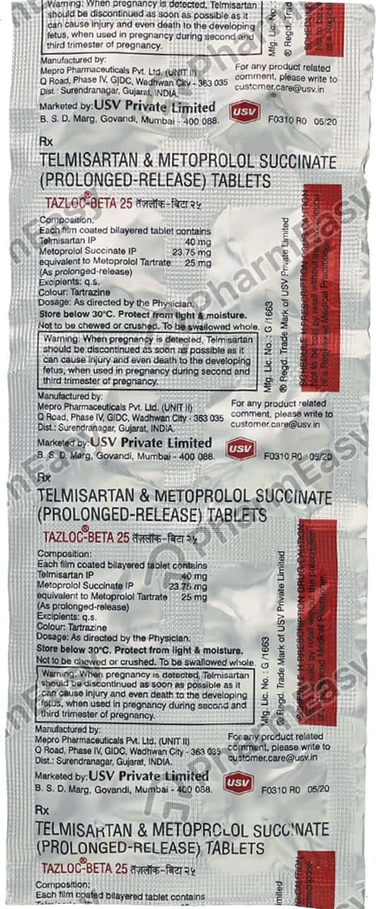 Tazloc Beta 25mg Strip Of 10 Tablets: Uses, Side Effects, Price ...