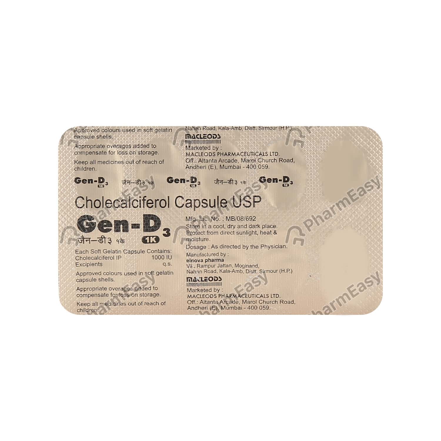 Gen D3 1000 IU Capsule (10) - Uses, Side Effects, Dosage, Composition ...