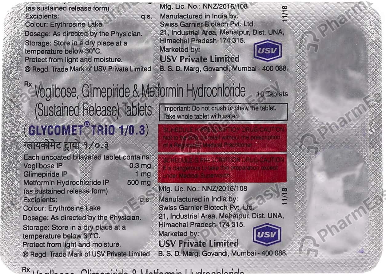 Glycomet Trio 1/0.3mg Strip Of 10 Tablets: Uses, Side Effects, Price & Dosage | PharmEasy