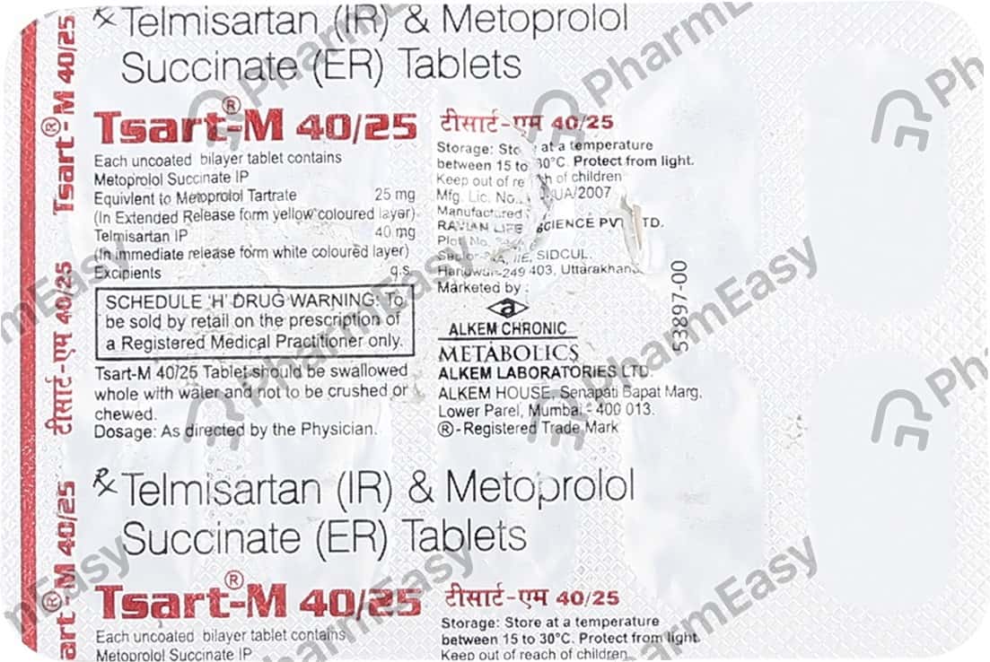 Tsart M 40/25mg Strip Of 10 Tablets: Uses, Side Effects, Price & Dosage ...