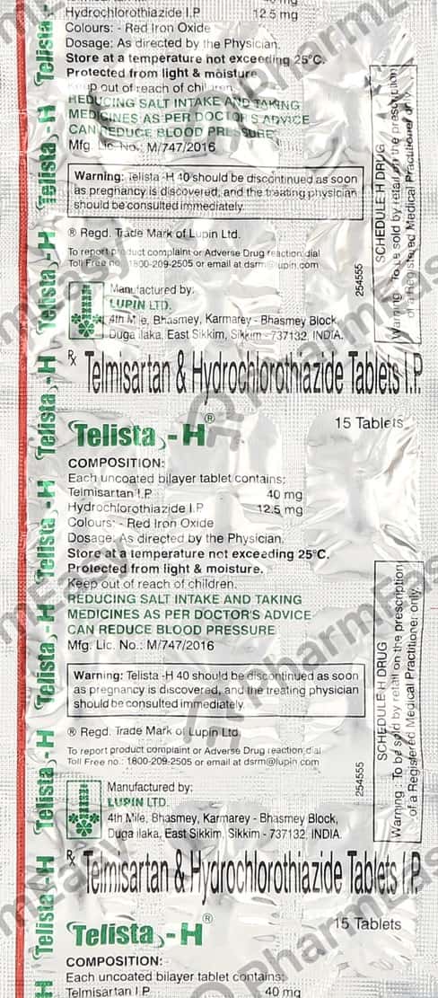 Telista H 40mg Strip Of 15 Tablets: Uses, Side Effects, Price & Dosage ...