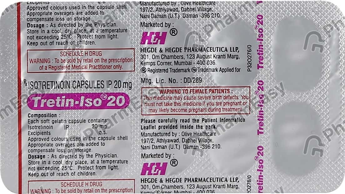 Tretin Iso 20 MG Capsule (10): Uses, Side Effects, Price & Dosage ...