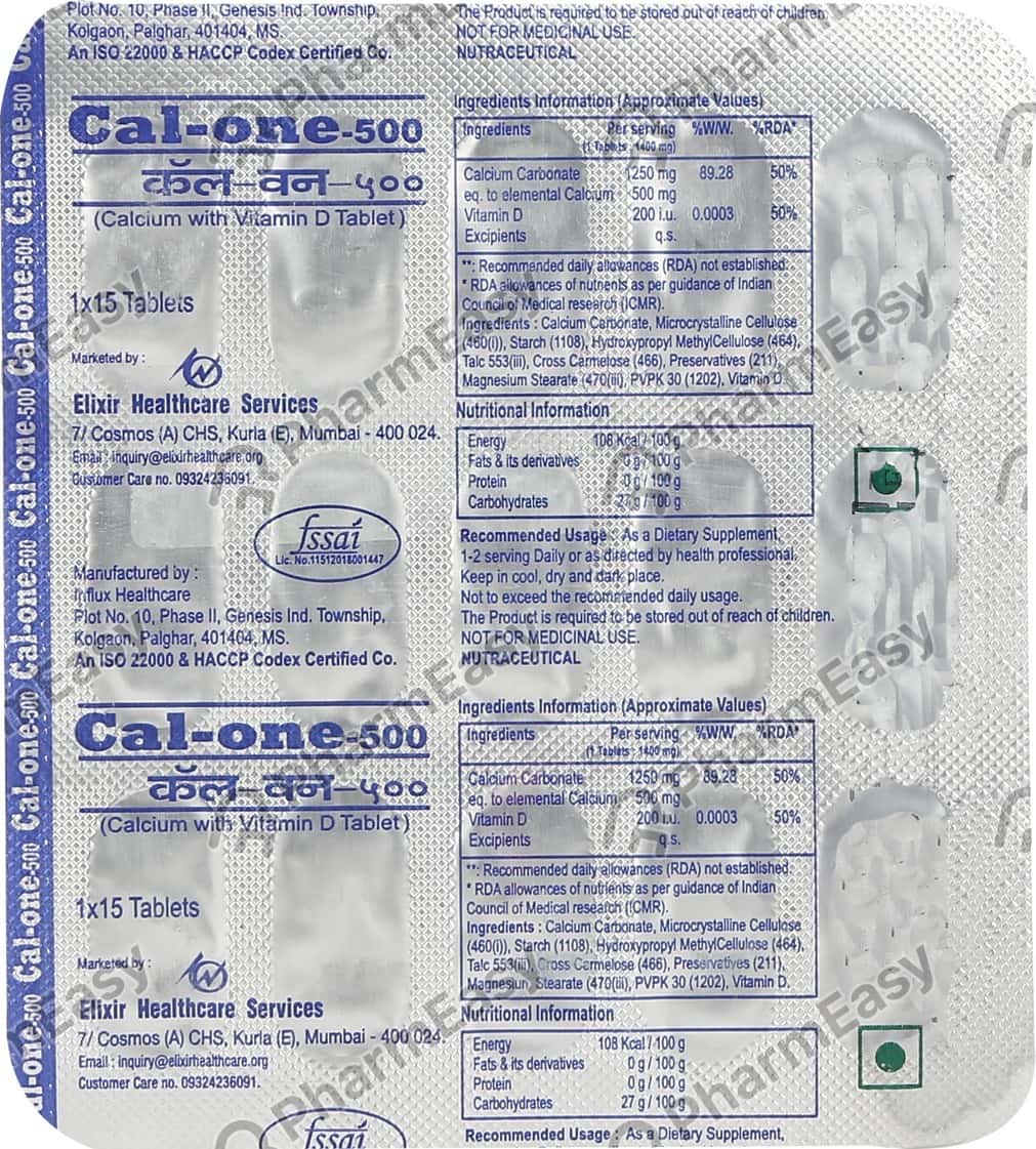 Cal One 500mg Strip Of 15 Tablets: Uses, Side Effects, Price & Dosage ...