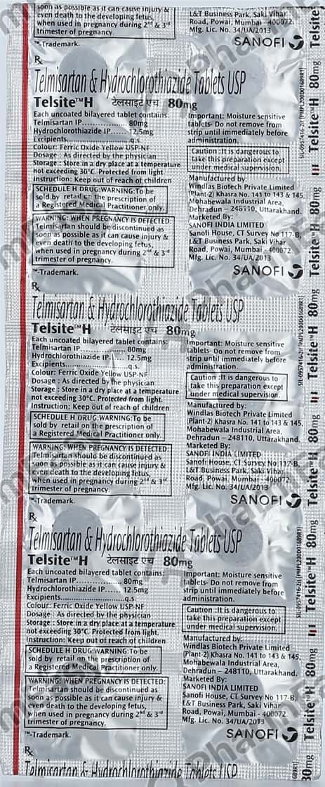 Telsite H 80mg Strip Of 10 Tablets: Uses, Side Effects, Price & Dosage ...