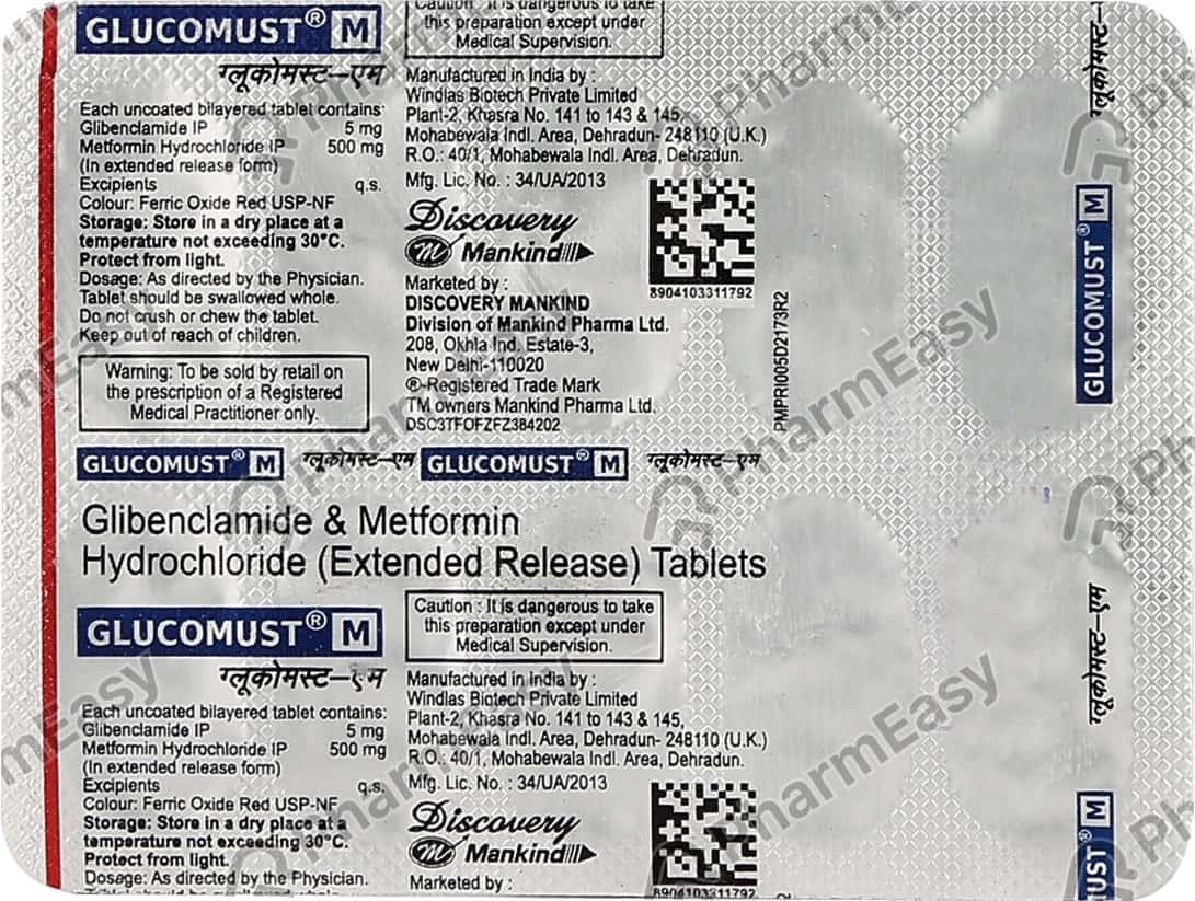 Glucomust M Strip Of 10 Tablets: Uses, Side Effects, Price & Dosage ...