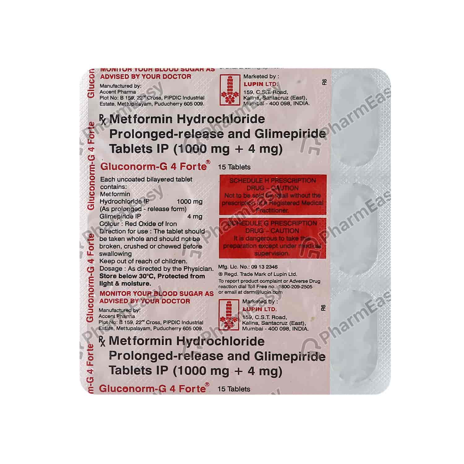 Gluconorm G4 Forte Tab 15`S - Uses, Side Effects, Dosage, Composition ...