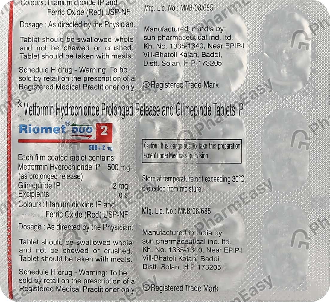 Riomet Duo 2mg Strip Of 15 Tablets: Uses, Side Effects, Price & Dosage ...