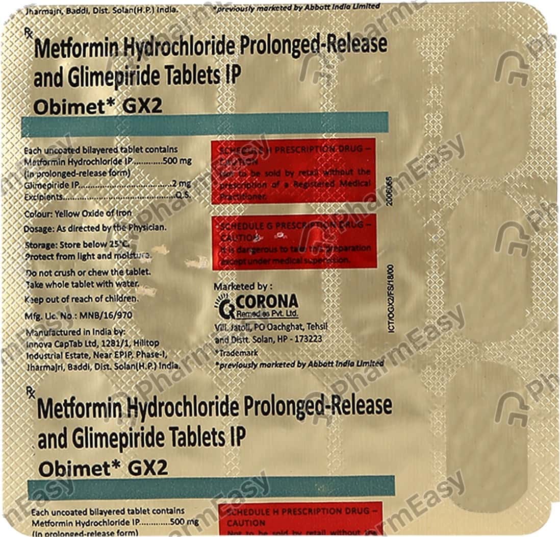 Obimet Gx 2mg Strip Of 15 Tablets: Uses, Side Effects, Price & Dosage | PharmEasy