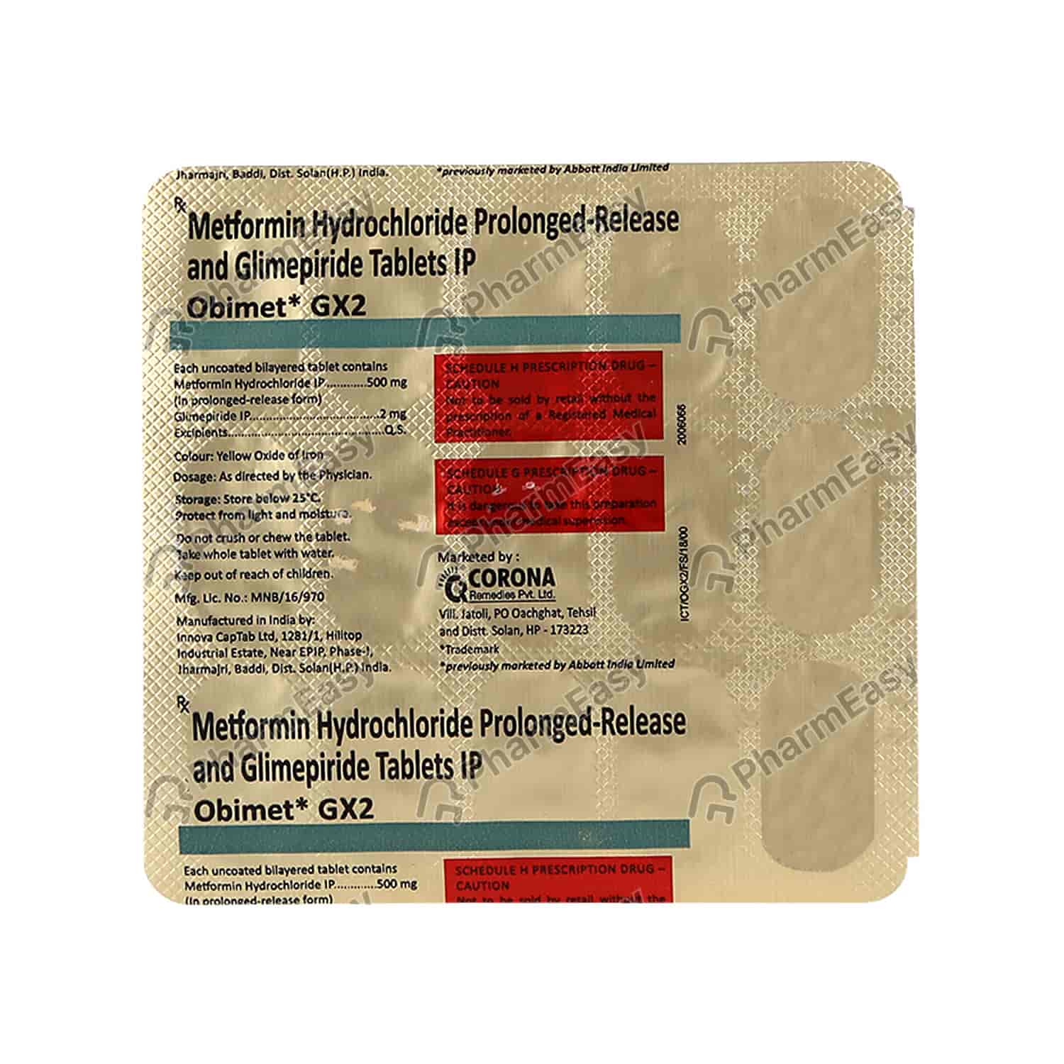 Obimet Gx2 Tab 15`S - Uses, Side Effects, Dosage, Composition & Price ...